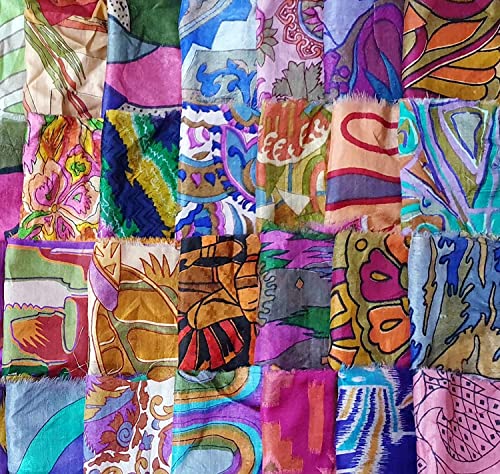 10 Qty 8"X30" Lot 100% Pure Silk Print Vintage Sari Fabric, Remnants, Scrap Bundle, Precut Fabric, Multicolored Squares for Craft Patchwork