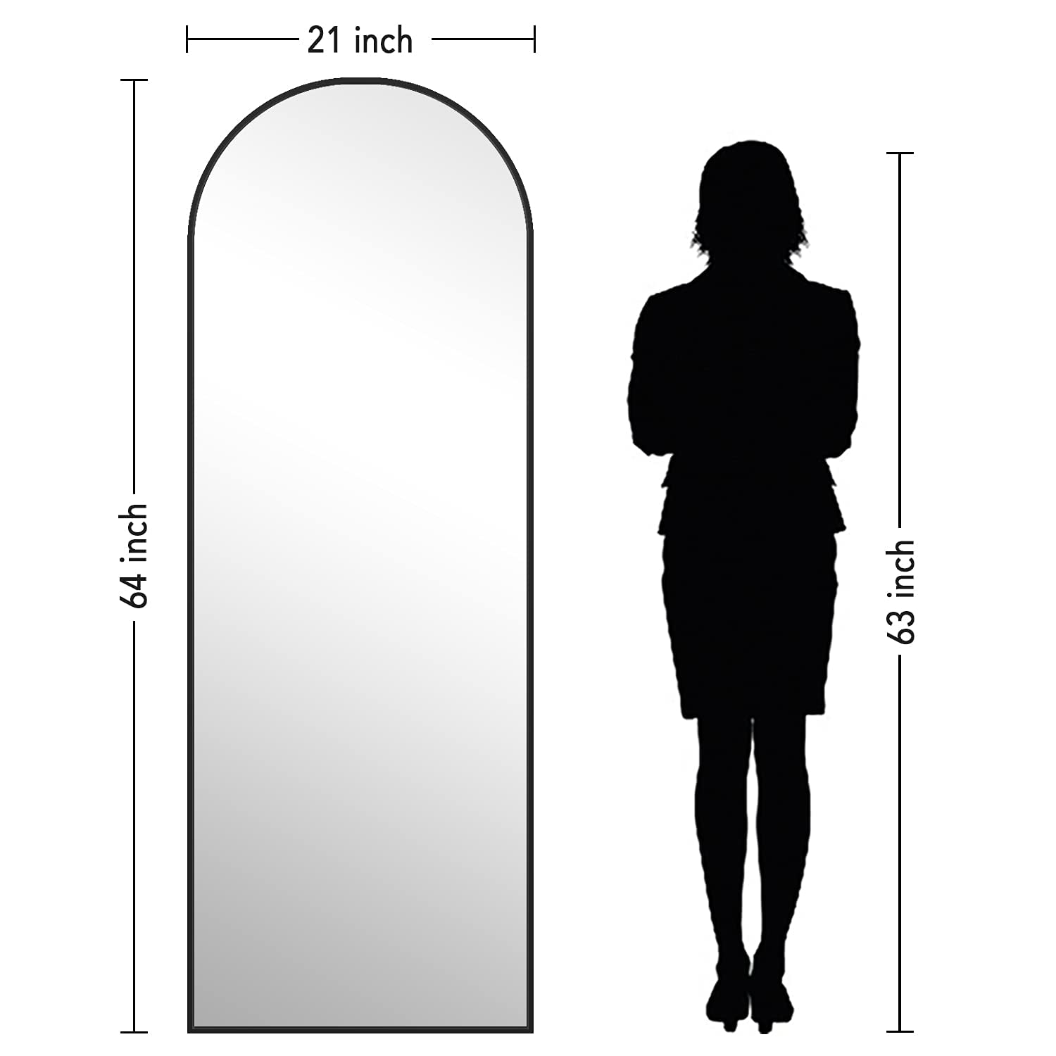 PexFix Arched Full Length Mirror Black, Floor Mirror, Standing Hanging or Leaning Against Wall Full Body Mirror Wall Mirror-64''x21''