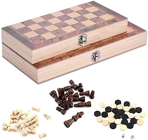 3 in 1 Wooden Chess Set, Folding Board Chess International Checkers Portable Chessboard Game Board Set (29*29cm)