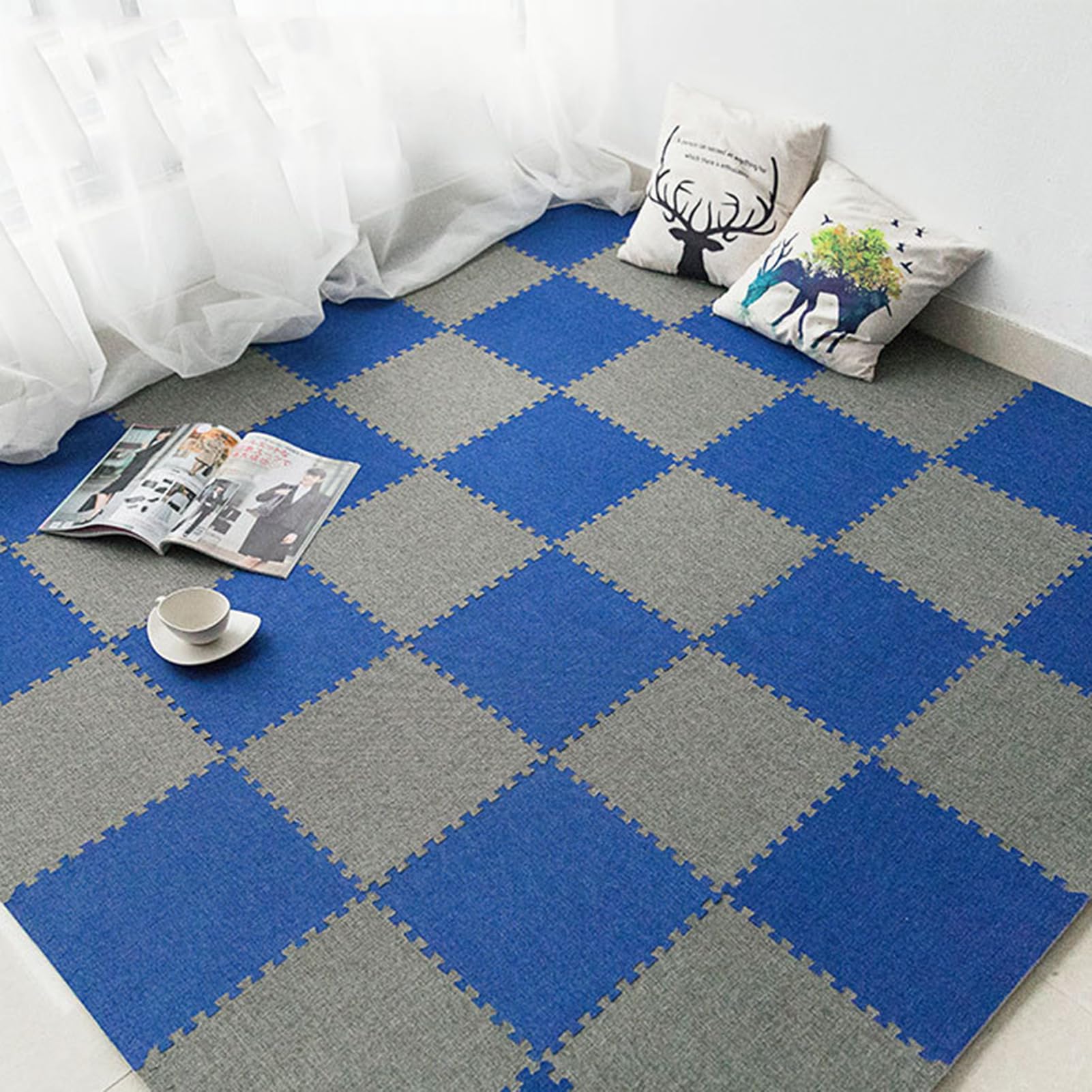 10 Pcs Non-Slip Puzzle Floor Tiles with Borders, Cotton Linen Interlocking Floor Mat in Two Sizes, Cold Insulation Moisture Proof Foam Play Mats