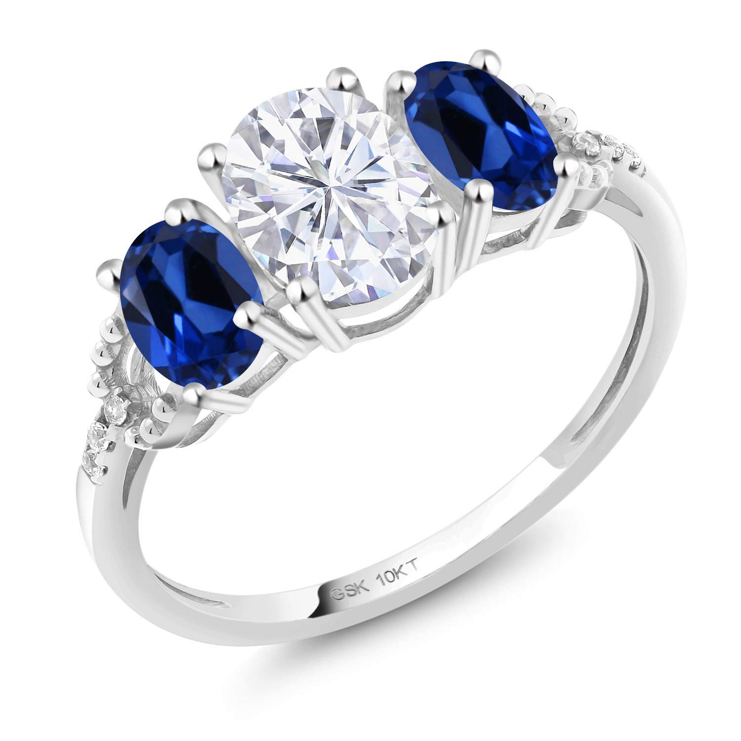 10K White Gold Created Sapphire Moissanite from Charles & Colvard and Diamond 3 Stone Women Engagement Ring (2.12 Cttw, Available In Size 5, 6, 7, 8, 9)