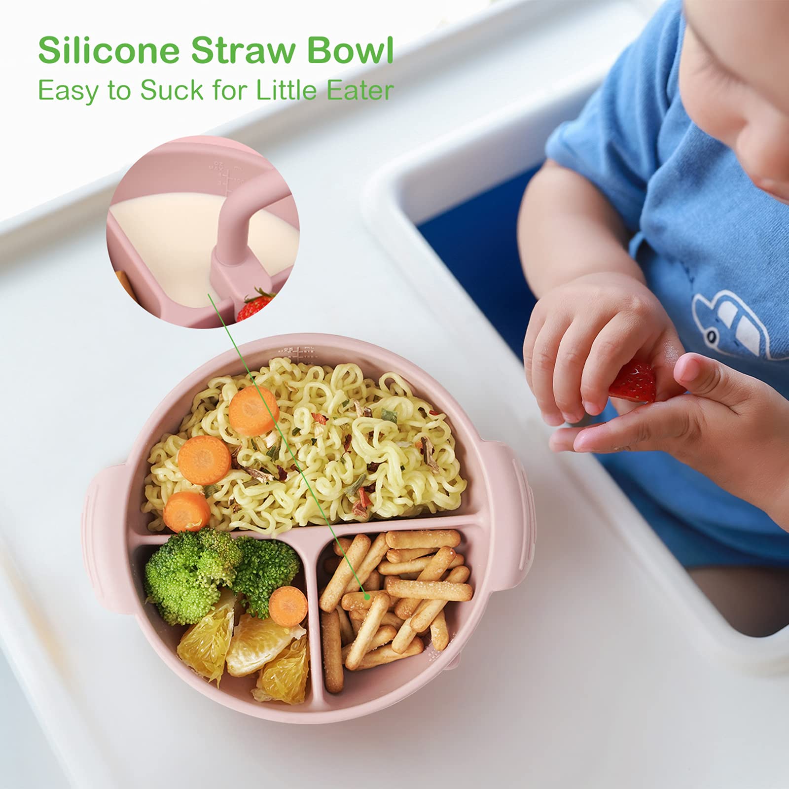 haakaa Silicone Divided Suction Bowl With Straw, Self Feeding Training Divided Bowl For Baby Toddler, Portable Non Slip Child Feeding Stay Put Bowl,Blush