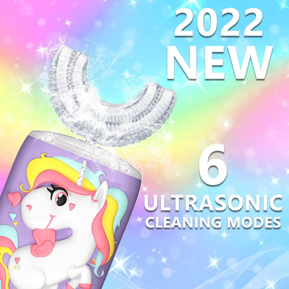 Kids Electric Toothbrush, Unicorn Sonic U Shaped Rechargeable Automatic Toothbrushes IPX7 Waterproof 6 Modes Smart Timer 360° Oral Cleaning with Replacement Brush Heads for Child Age 2-6 (1. Purple)