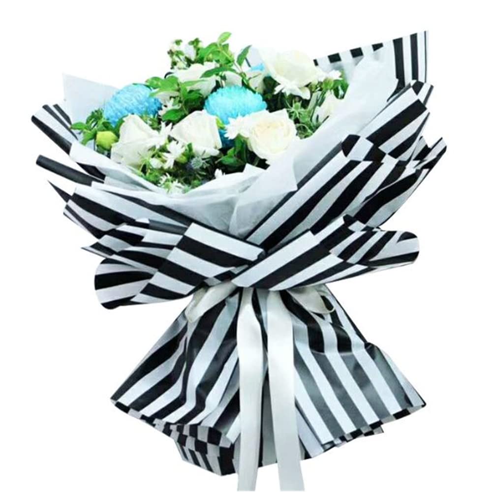 20 Pcs Striped Flower Wrapping Paper,Waterproof Valentine's Day Bouquet Wrapping Paper 23x23 Inch,Used for DIY Crafts, Gift Packaging, Flower Shop Bouquet Packaging (Black)