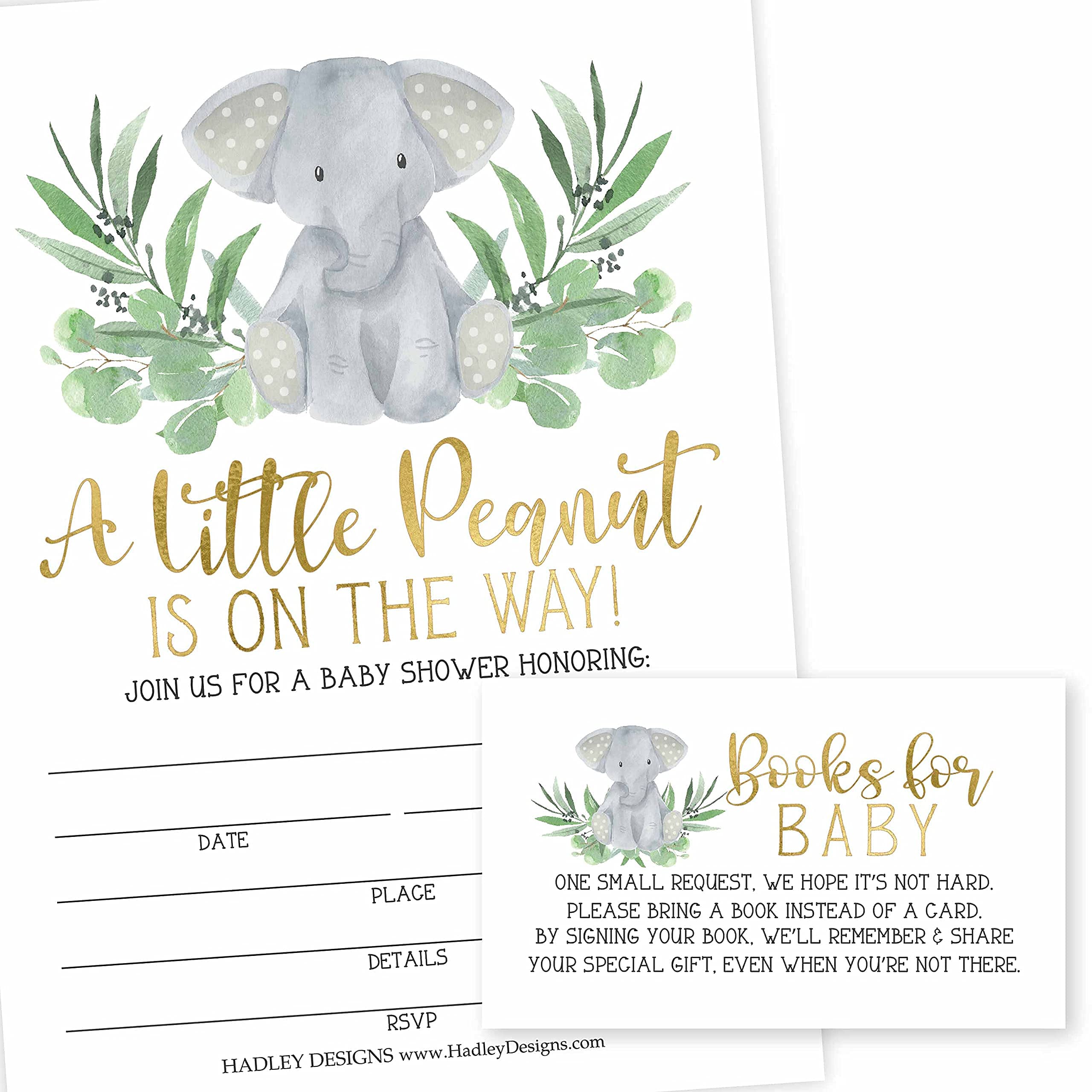 Hadley Designs 25 Elephant Greenery Invitations, 25 Books Request Cards, Sprinkle Invite, Bring A Book Instead Of A Card, Guest Book Alternative, Invitation Inserts for Baby Shower
