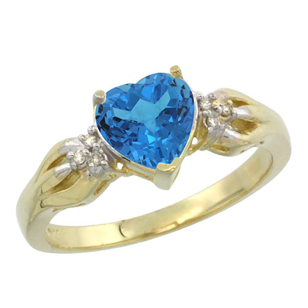 10K Yellow Gold Natural Swiss Blue Topaz Ring Heart-shape 7x7mm Diamond Accent, size 10