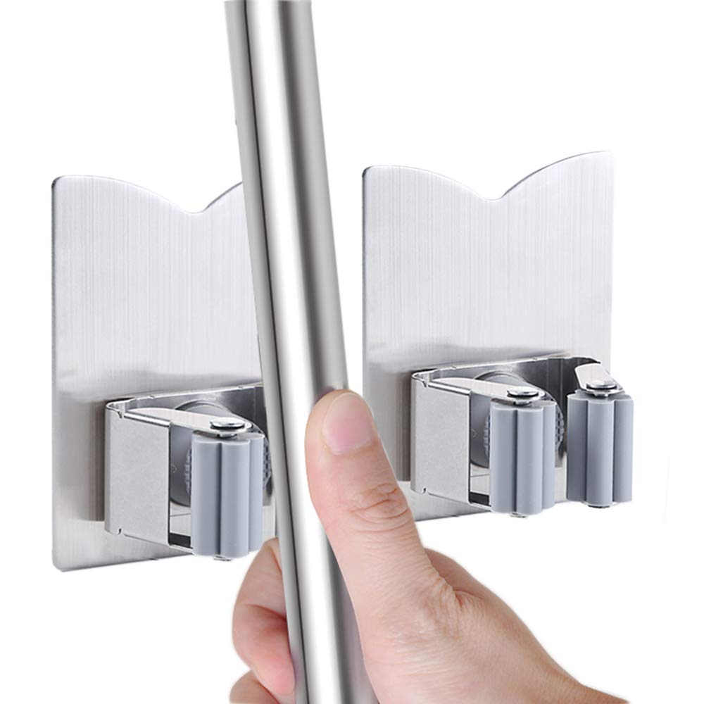 2 Pack Mop Broom Holder Racks 304 Stainless Steel Self Adhesive Heavy Duty Wall Mounted Mop Organizer Storage Clip Multi-Used for Garage Kitchen and Bathroom