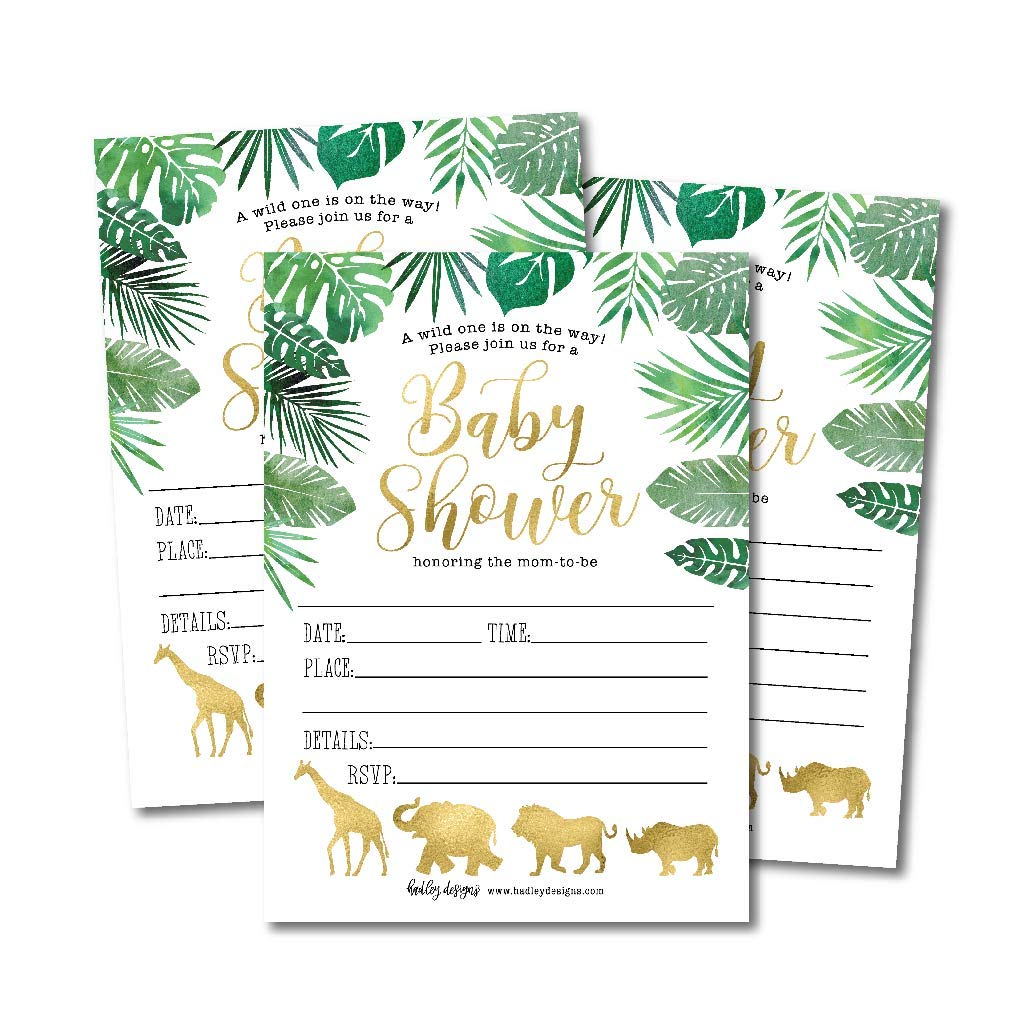 25 Safari Baby Shower Invitations, Sprinkle Invite for Boy or Girl, Gender Neutral Reveal Jungle Animal Theme, Cute Printed Fill or Write In Blank Printable Card, Coed Twin Party Stock Paper Supplies