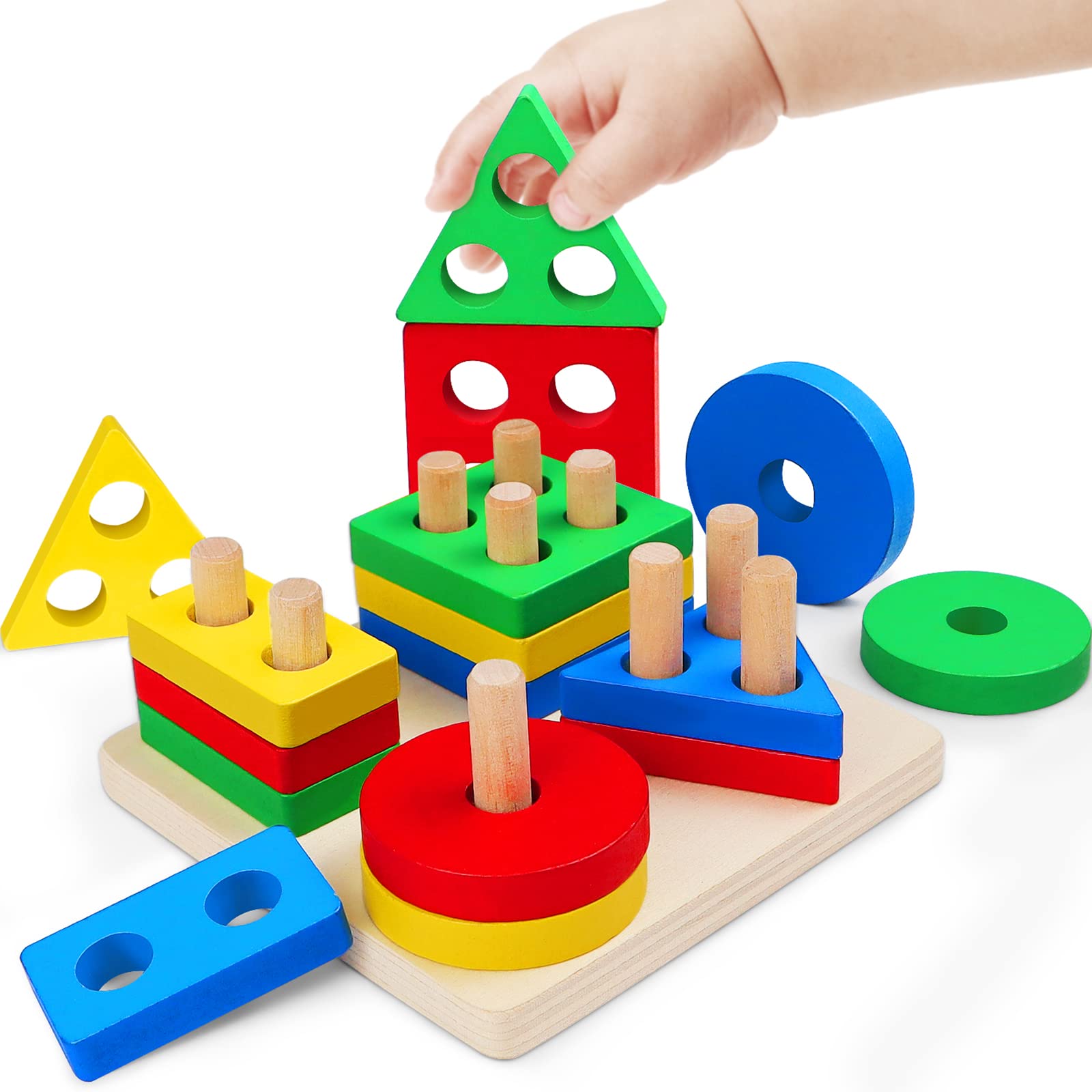 Montessori Toys for 2 Year Old Toddlers Boys Girls, Wooden Learning Toys for Toddlers Kids Preschool, Educational Sorting & Stacking Toys Color Recognition Stacker Shape Sorter, Wooden Puzzles