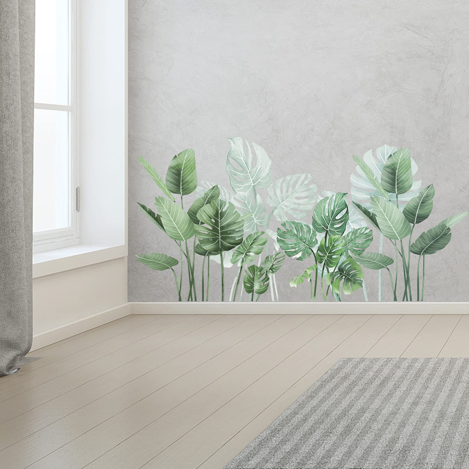 Tropical Green Plants Leaf Wall Stickers, ULENDIS Removable Nature Palm Tree Leaves Wall Decals, Creative Skirting Line Art Mural Decor for Kids Nursery Living Room Bedroom Kitchen