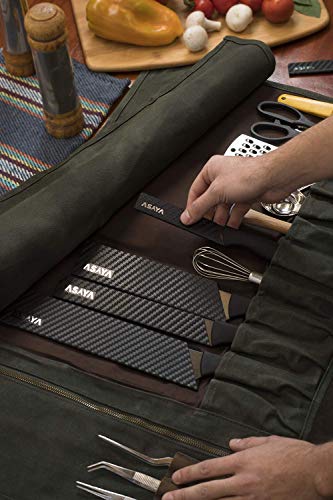 Asaya Waxed Canvas Knife Roll - 15 Knife Slots, Card Holder and Large Zippered Pocket - Genuine Leather, Cloth and Brass Buckles - for Chefs and Culinary Students - Knives Not Included