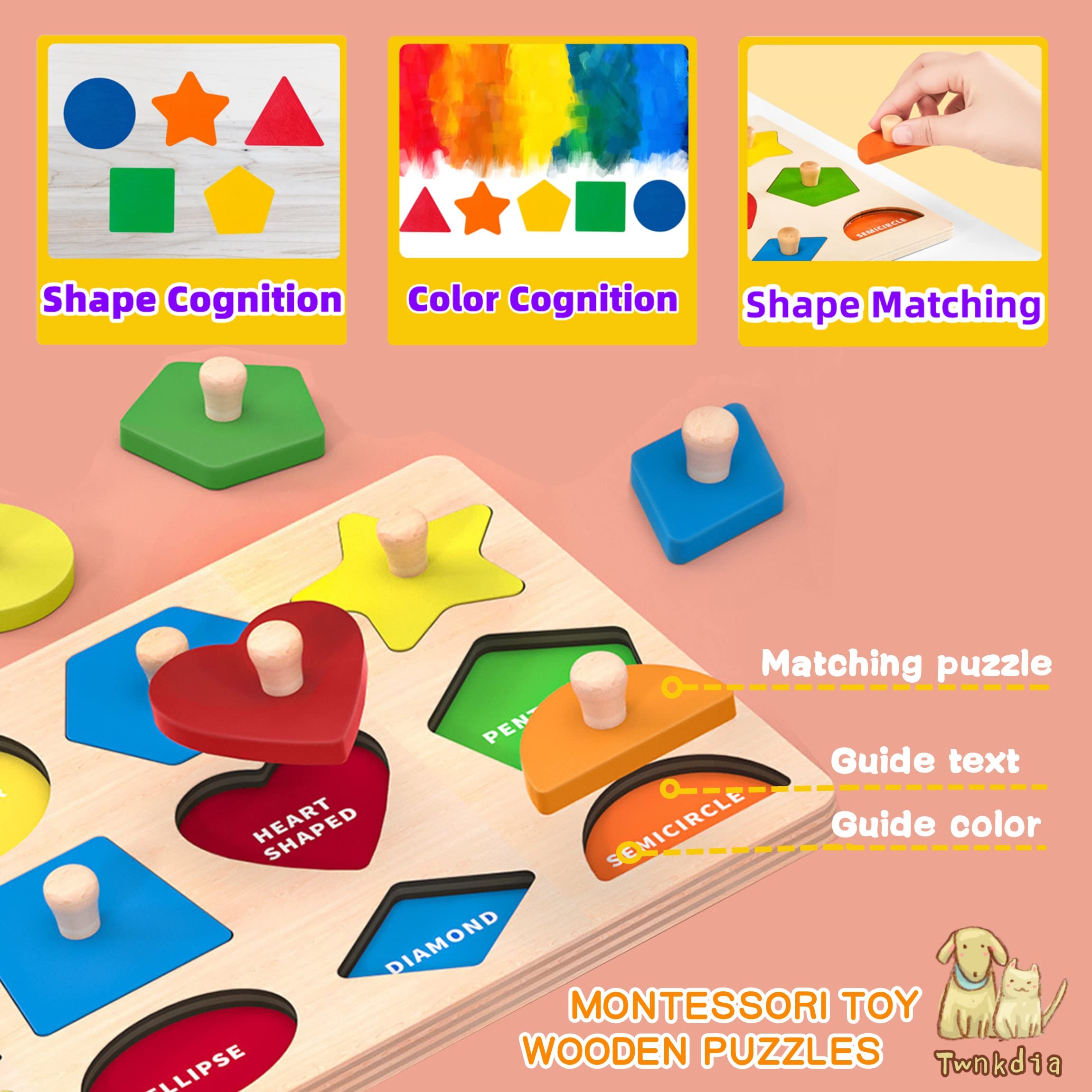 12 Block Montessori Toys,Shape Puzzles, Wooden Baby Puzzles for 1+ Year Old Toddlers or 1-3 Years Babies