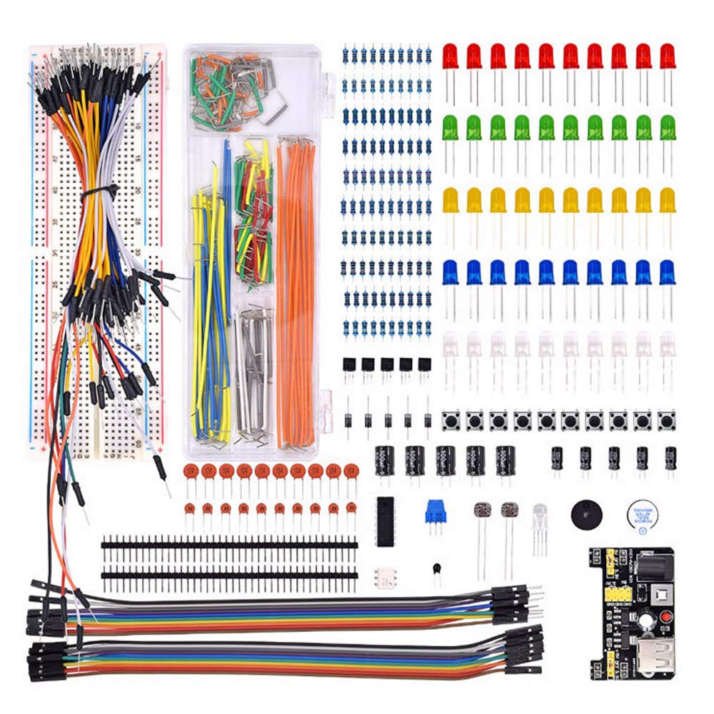 Electronics Basic Component Starter Kit with Breadboard Power Supply Jumper Wires Resistors Capacitors LED Compatible with Arduino Raspberry Pi Prototype