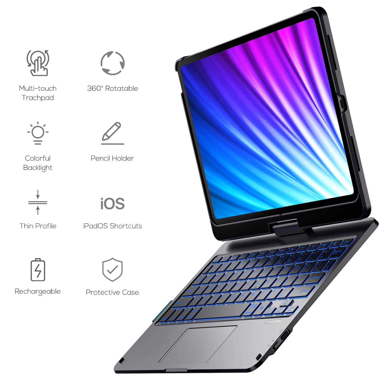 CHESONA iPad Air 5th Generation Case with Keyboard, (10.9-inch 2022) Touchpad 7 Color Backlit, 360° Rotatable, Slim Cover with Pencil Holder, Keyboard Case for iPad Air 5th/4th Gen, iPad Pro 11, Black