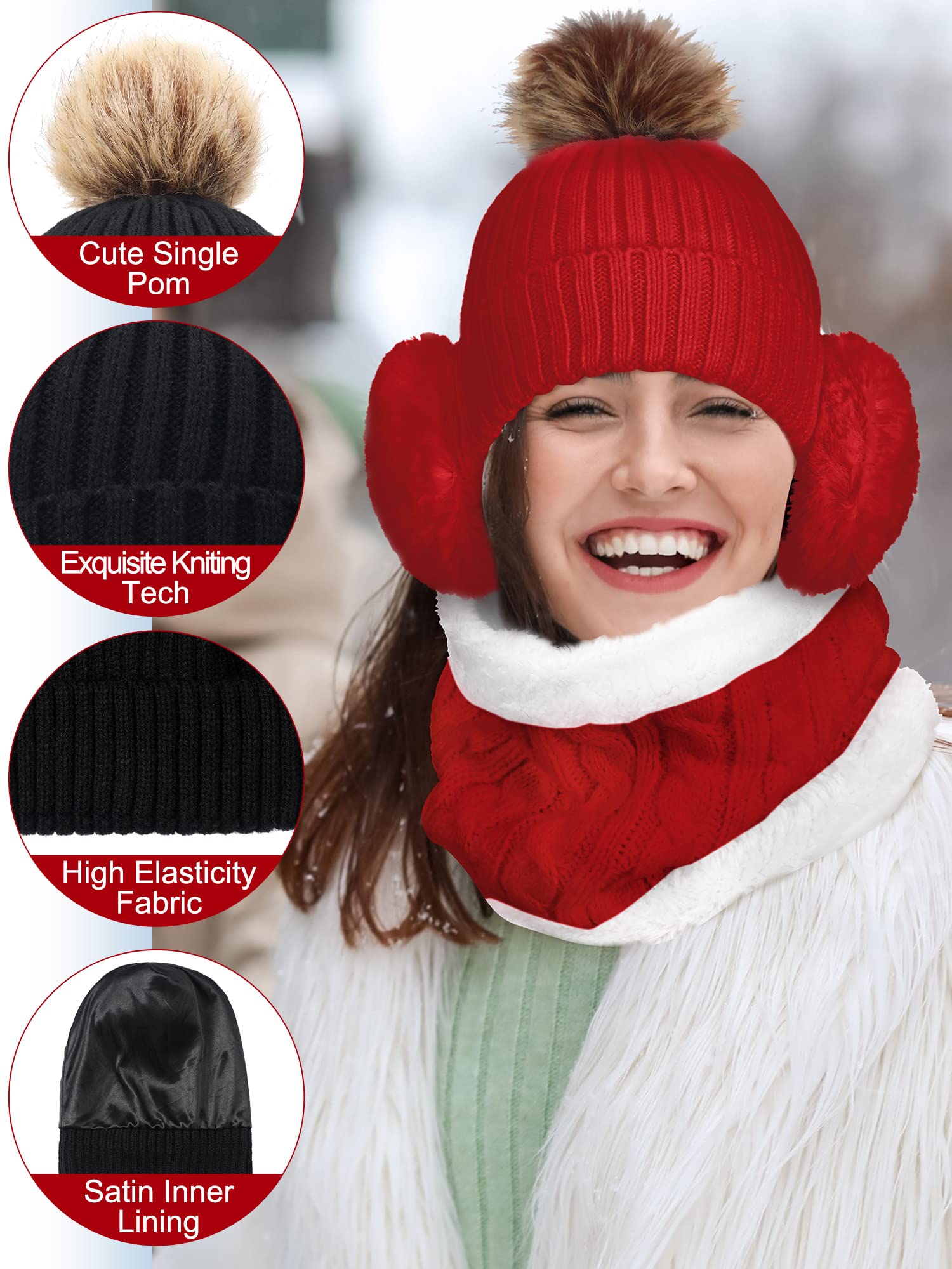 10 Pcs Winter Hat Scarf Gloves Warm Knitted Hat Scarf Touchscreen Gloves Earmuffs Socks Satin Inner Lining Knit Hat for Women and Men (Black, Wine Red)