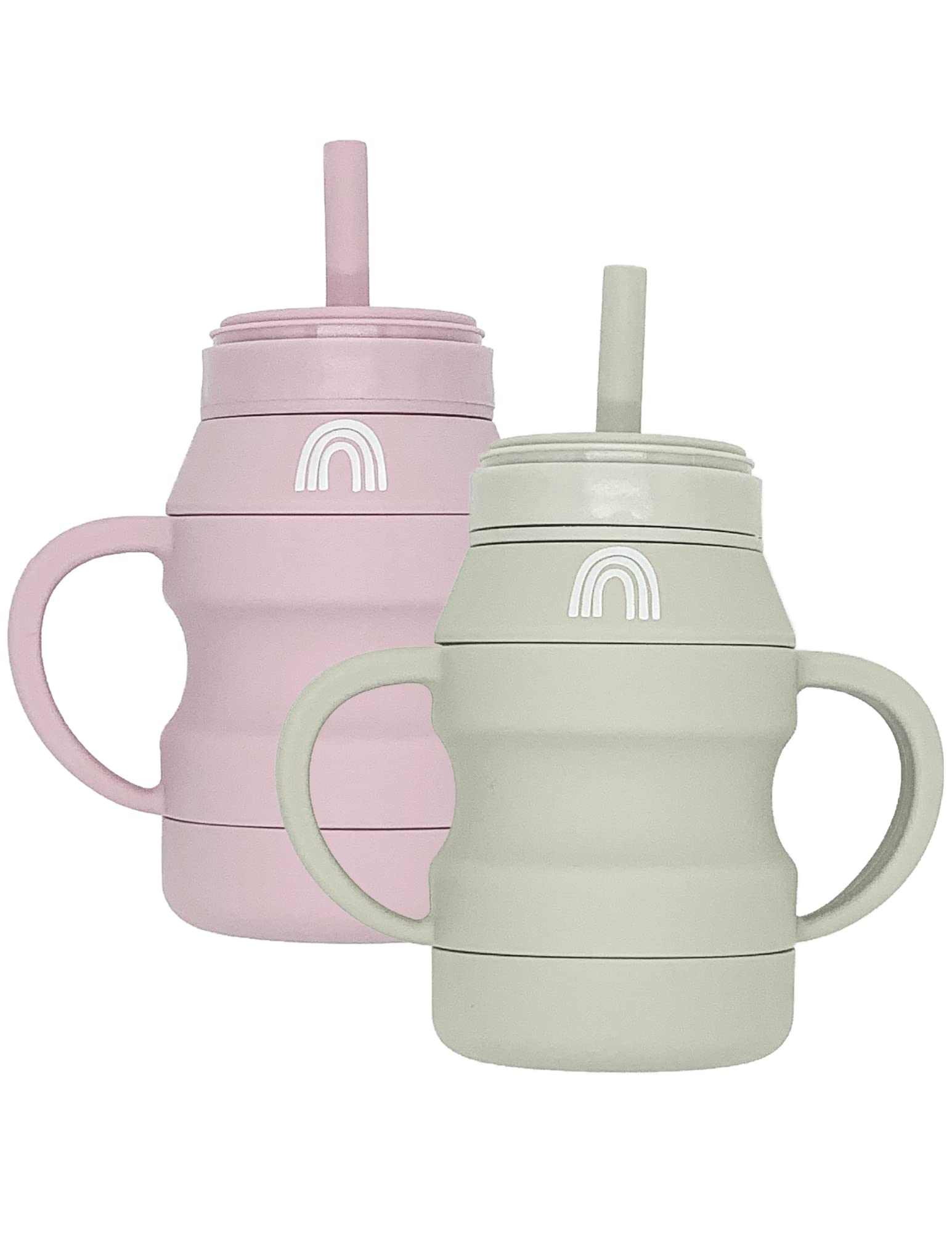 Hippypotamus Silicone Transition Cups - Small Baby/Toddler Cups With Straws & Lids - Removable Handles - Set of 2 (Blush/Nude)