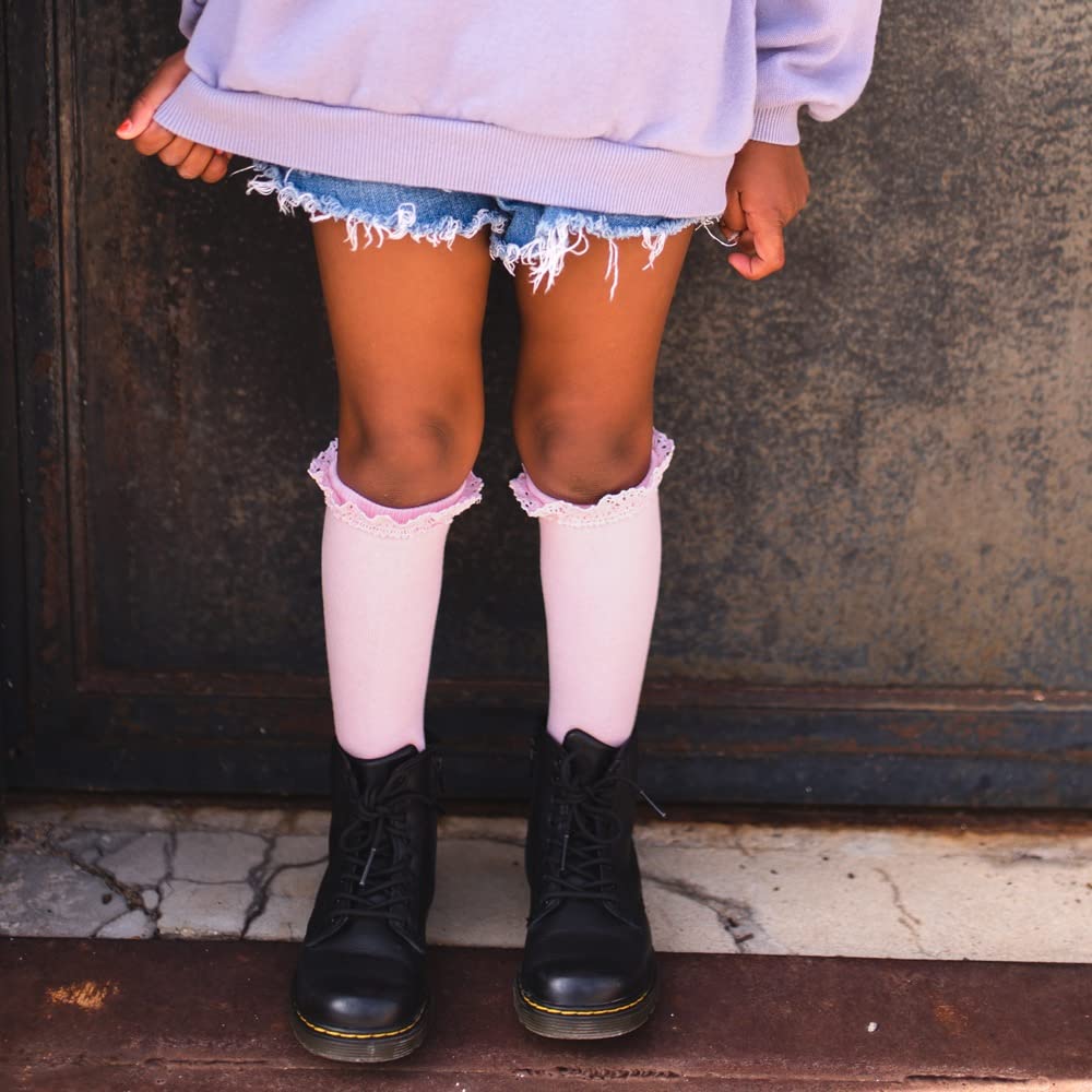 juDanzy Baby and Girls Knee High Lace Top Socks (6-10 Years, Hot Pink, Cream, and Light Pink)