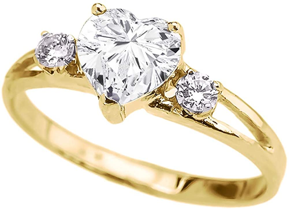 10k Yellow Gold Heart Shape Cubic Zirconia & White Topaz Split Shank Three Stone Ring - Size 10-1/2