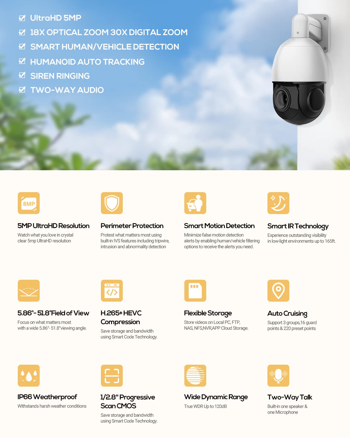 5MP Auto Tracking PTZ Camera - 18x Optical Zoom 4.7-84.6mm Lens, 2-Way Talk & Siren, Human/Vehicle Detection, 165ft IR Night Vision, Auto Cruise, Compatible for Hikvision PTZ Camera Outdoor