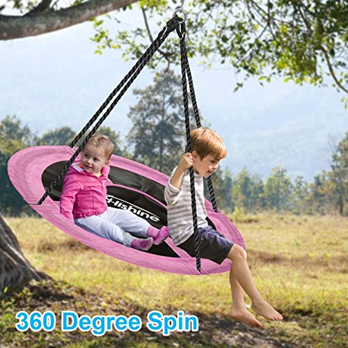 43β 700lbs Saucer Tree Swing,All-Weather Resistant Textilene Swing,360 Degree Spin,w/ 1 Swivel,2 Adjustable Ropes&Long Straps,Easy to Install,Comfortable for Kids Backyard,Playground (Pink)