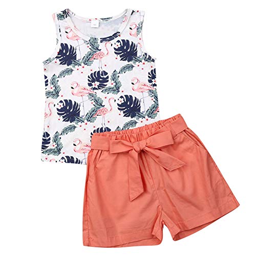 2Pcs/Set Fashion Toddler Kids Baby Girl Sleeveless T-Shirt Top+Floral Denim Shorts Outfits (Flamingo+Orange, 6-7 Years)