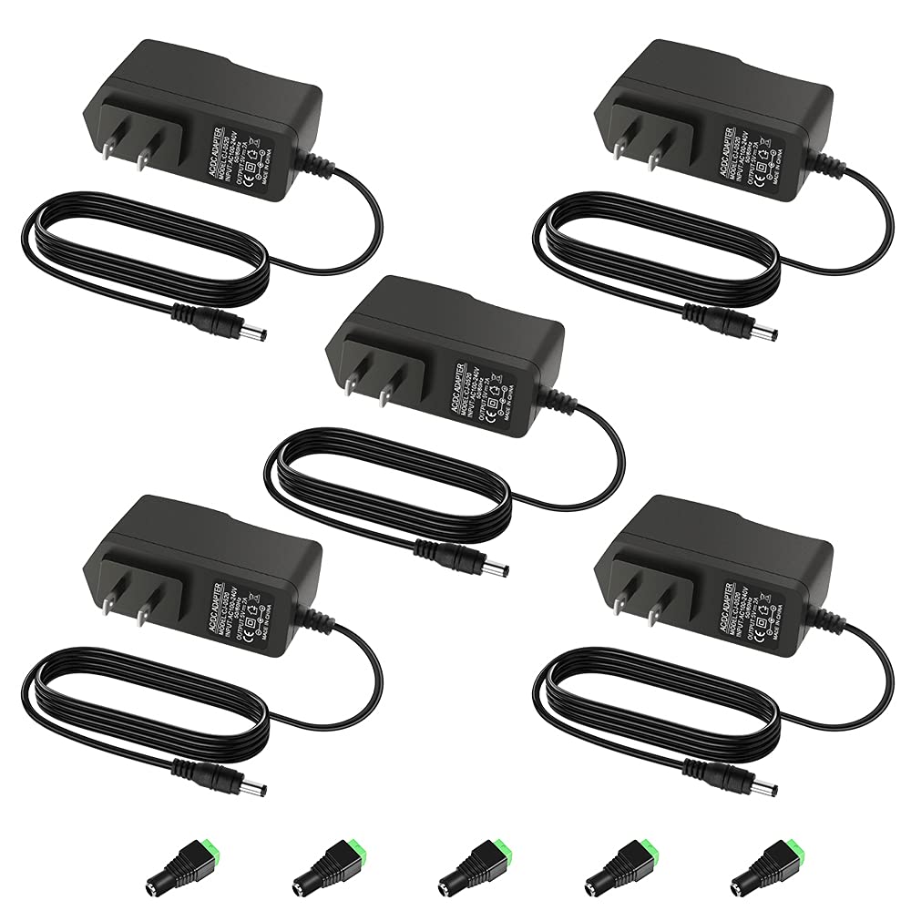 Aclorol 5V 2A Power Supply Adapter 100-240V AC to DC 5Volt 10W 2A 1A Universal Power Charger Converter Transformer 5.5X 2.5mm for WS2812B 5V LED Pixel Strip Lights Security System Router CCTV (5 pack)