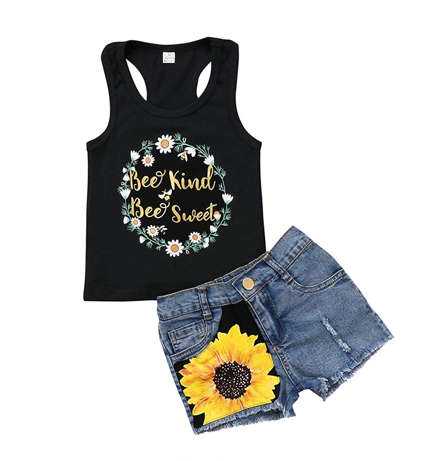 2pcs/set Toddler Kids Baby Girl Sleeveless Floral T-Shirt Top Sunflower Denim Jeans Shorts Outfits 1-8T (black, 7-8 Years Old)