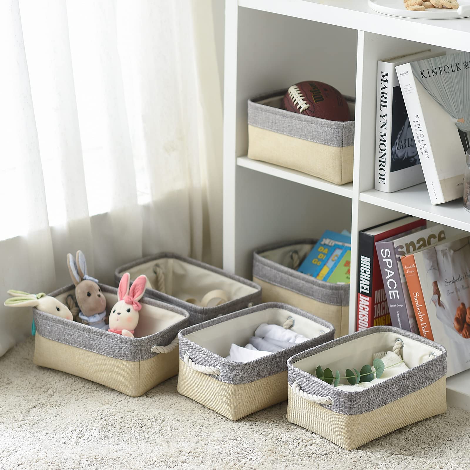 Jtirey Small Storage Baskets [10-Pack] Fabric Storage Bins 12"Lx 8"Wx 5"H Baskets for Shelves, Collapsible Clothes Baskets with Rope Handles for Organizing Dog Toys, Nursery Storage Basket (Grey&Gold)
