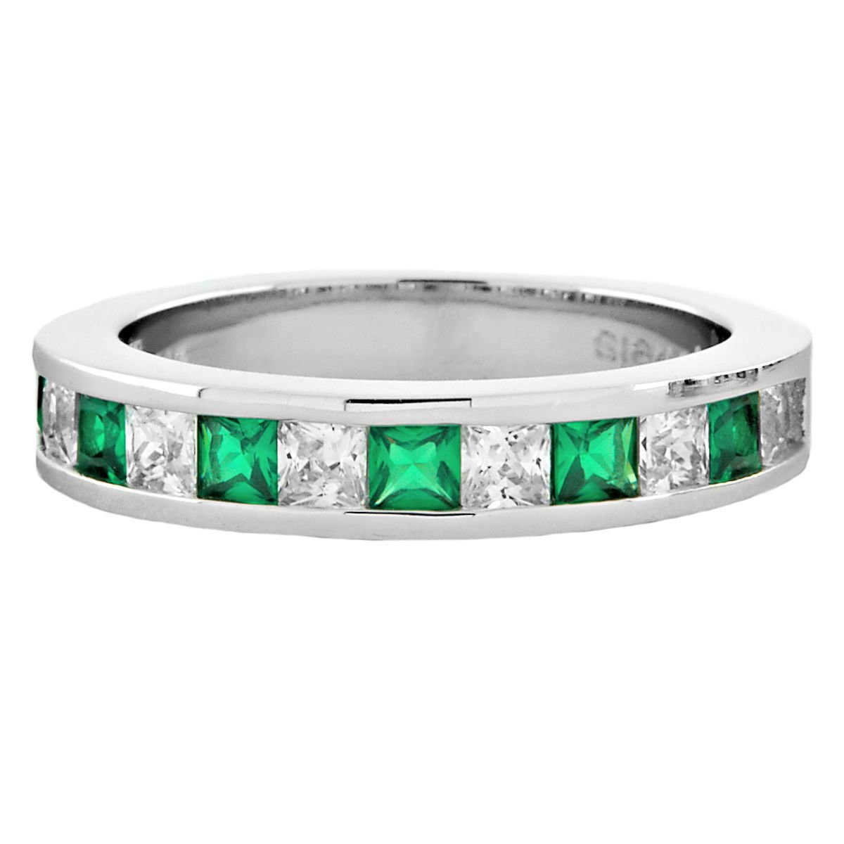 1000 Jewels Olympia B: Princess-cut Simulated Emerald & IOF CZ Semi-Eternity Wedding Band Silver, 30244 sz 7.0