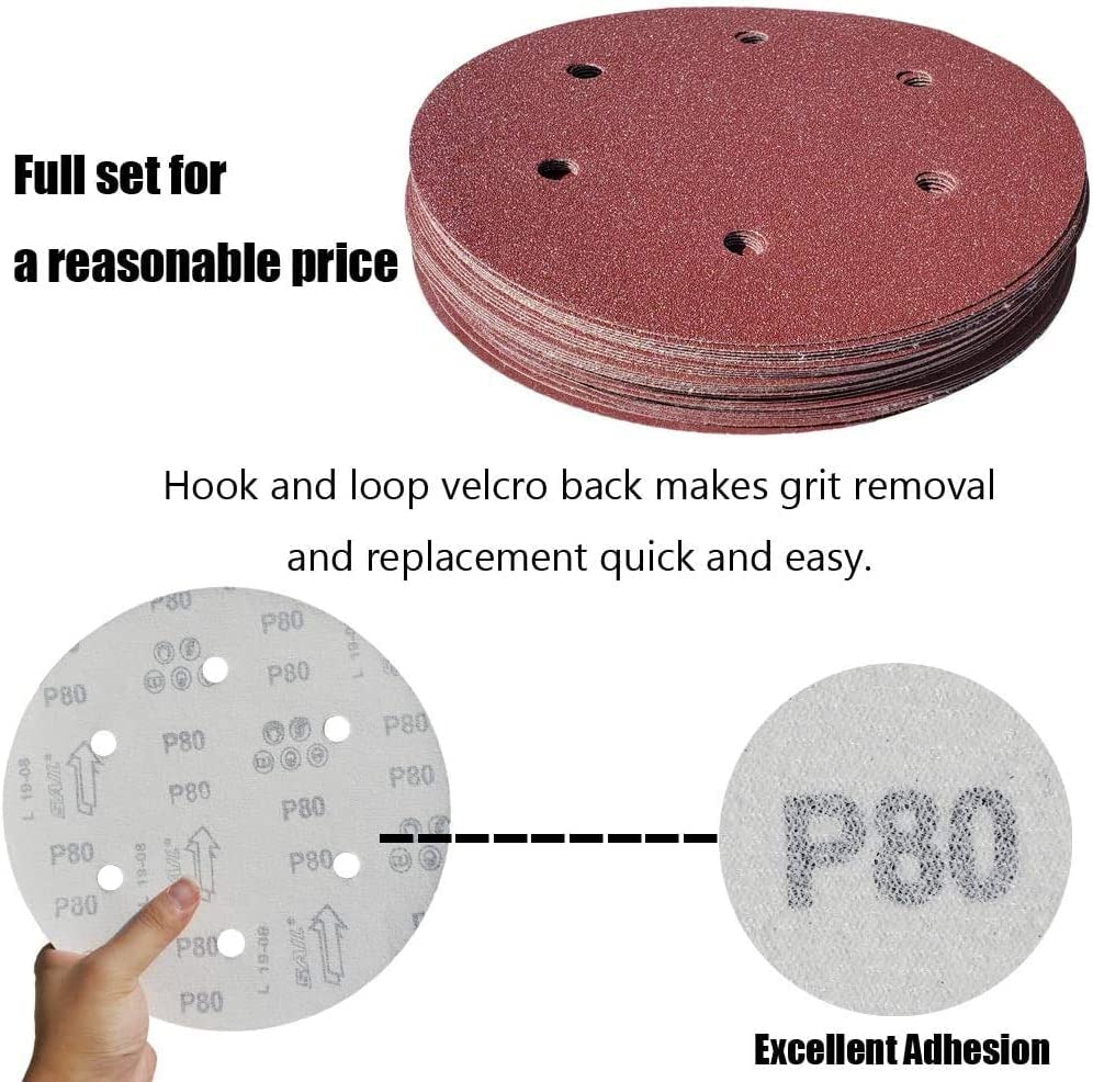 100 PCS 9-Inch 6-Hole Drywall Sanding Discs Set - 60 80 120 150 240 Grits Sandpaper, 9" Aluminum Oxide Hook-and-Loop Drywall Sander Paper for Power Drywall Sander