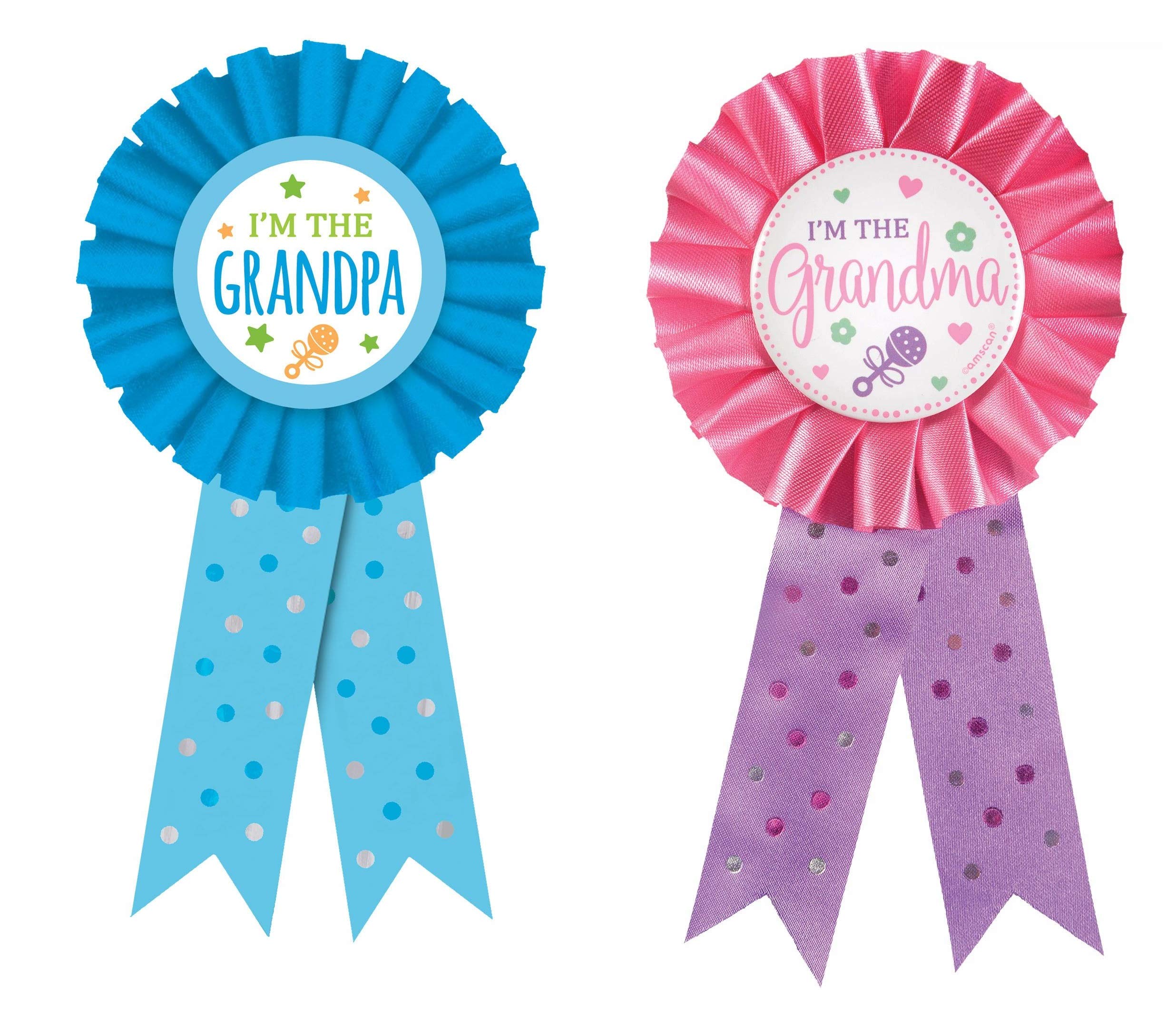 Blue I Am The Grandpa and Pink Grandma Ribbons - 2 Award Pins | Perfect for Baptism, Christening, Baby Showers, Gender Reveals Party, Baby Birth - Rosette Button Baby Name Celebration