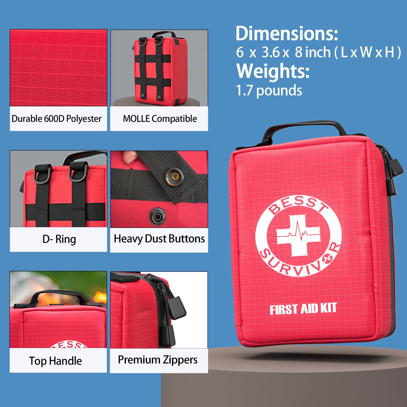 Besst Survivor Upgrade First Aid Kit -Premium Labelled Compartments Molle System Trauma Kits -Emergency Medical Kits for Car, Home, Hiking, Camping and Outdoor Emergencies -221 Pieces Set