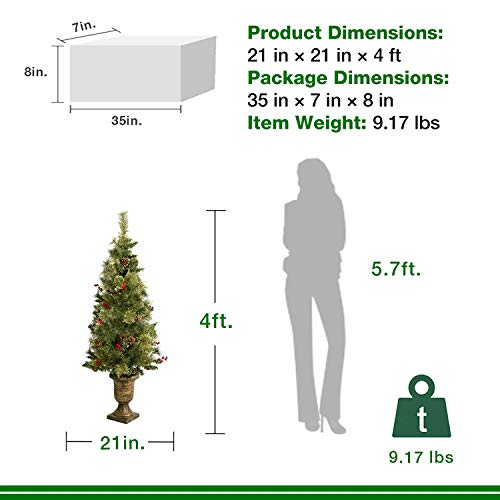 AsterOutdoor Pre-lit Christmas Tree 4ft Artificial Potted Fir with Lights Holly Berries Pine Cones Stands for Indoor Porch Table, Xmas Holiday Decoration, Easy Assembly