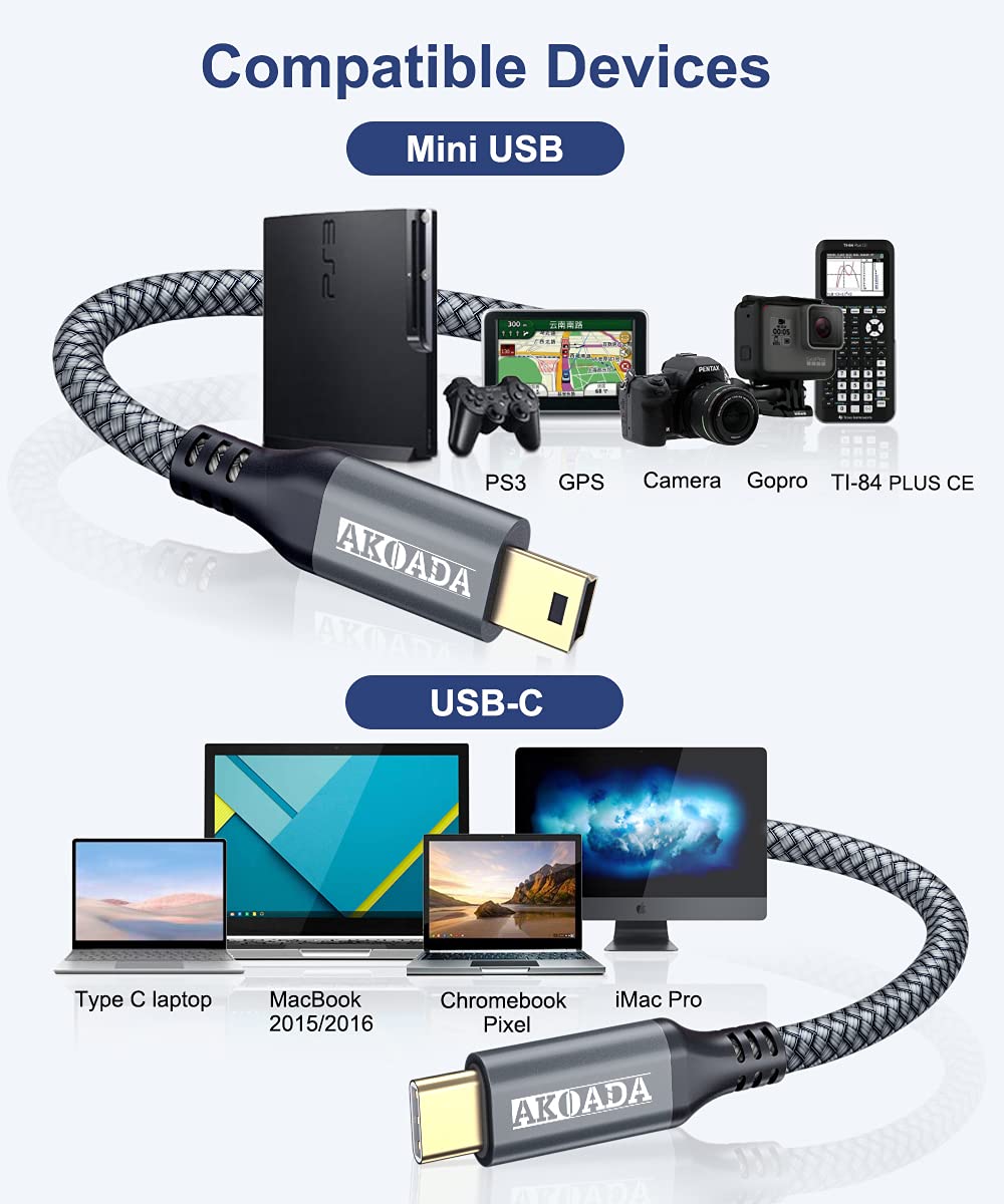 AkoaDa 2 Pack Mini B to USB C Cable 10ft, USB C to Mini USB Cable Charging Cord for GoPro Hero 3+, PS3 Controller, MP3 Player, Yeti Microphone, Digital Camera, GPS Receiver, PDAs and More