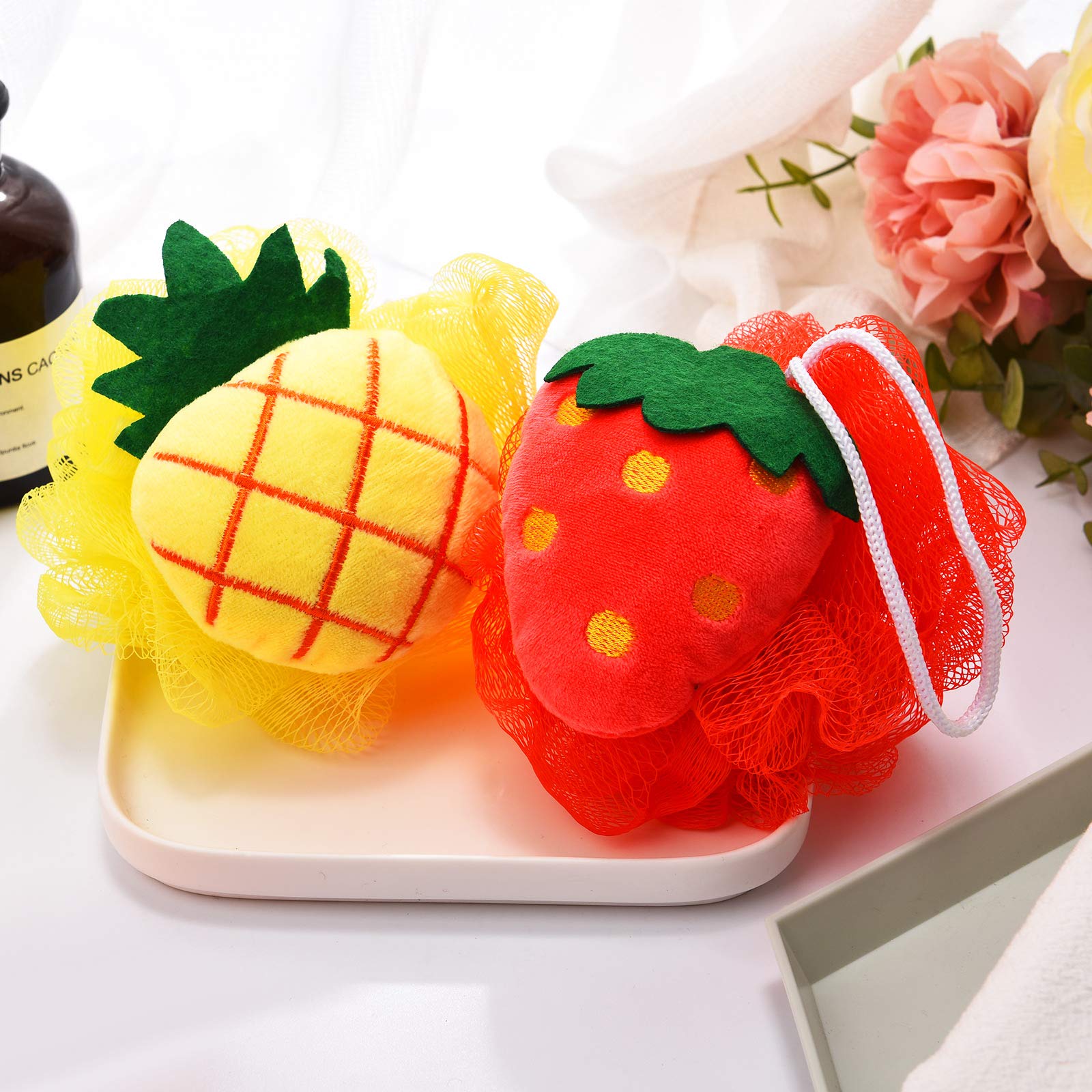 6 Pieces Cute Fruit Bath Shower Sponge Loofahs Mesh Pouf Shower Ball Colorful Cartoon Body Scrubber Balls Shower Mesh for Kids Adults