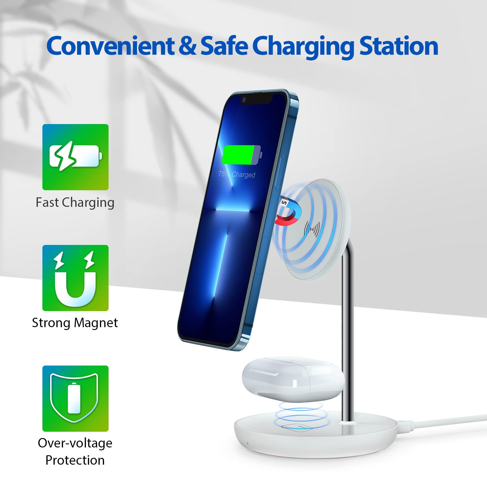 Mag-Safe Wireless Charging Station : 2 in 1 Wireless Charging Stand for iPhone 12/13/14 Series-10w Charging Stand Compatible with Airpods/iPhone 14/12/13 Pro Max Mini(White)