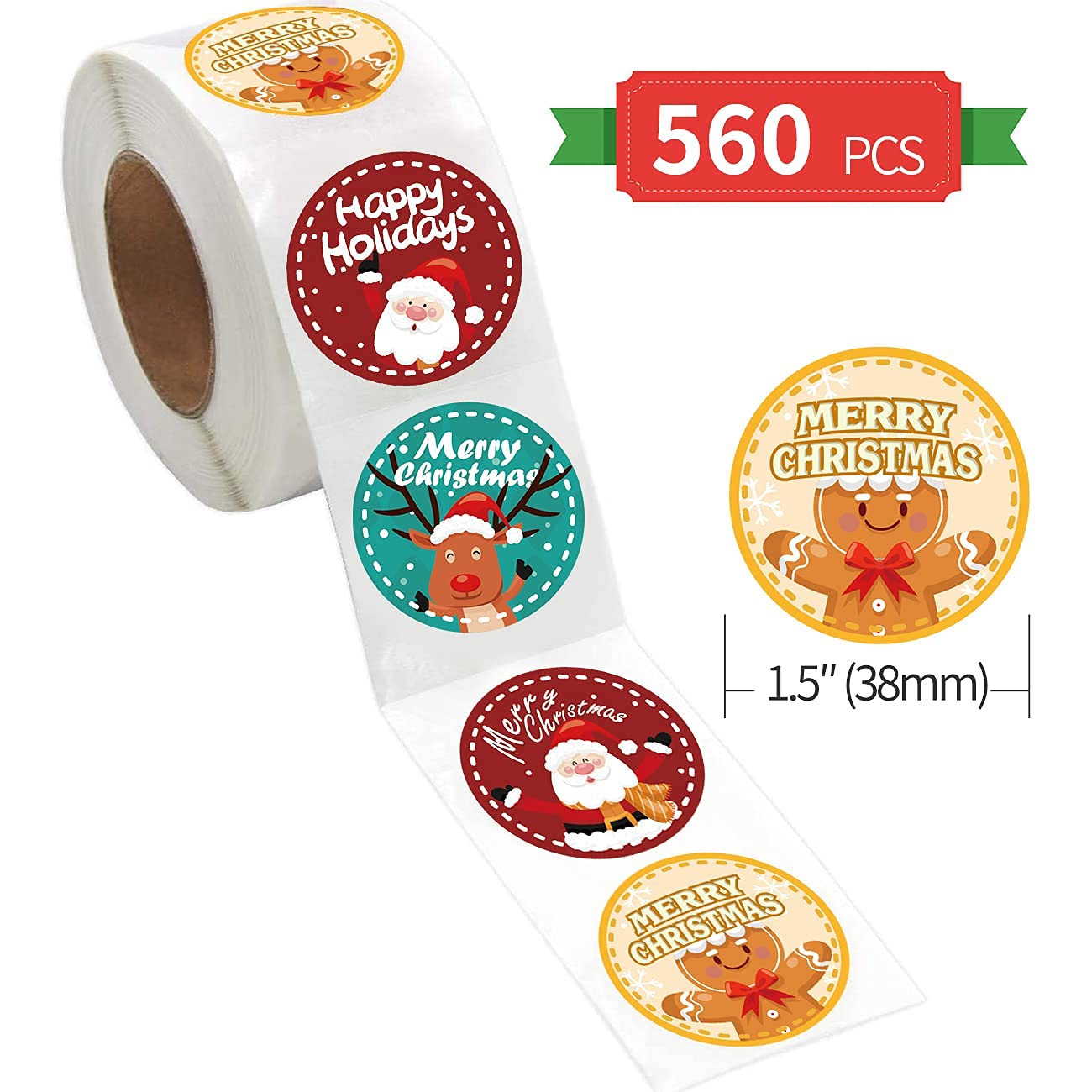 560PCS Christmas Sticker for Envelope, 1.5" Round Merry Christmas Sticker, 8 Designs Christmas Decoration Envelope Seal Sticker Card Gift Envelope Box