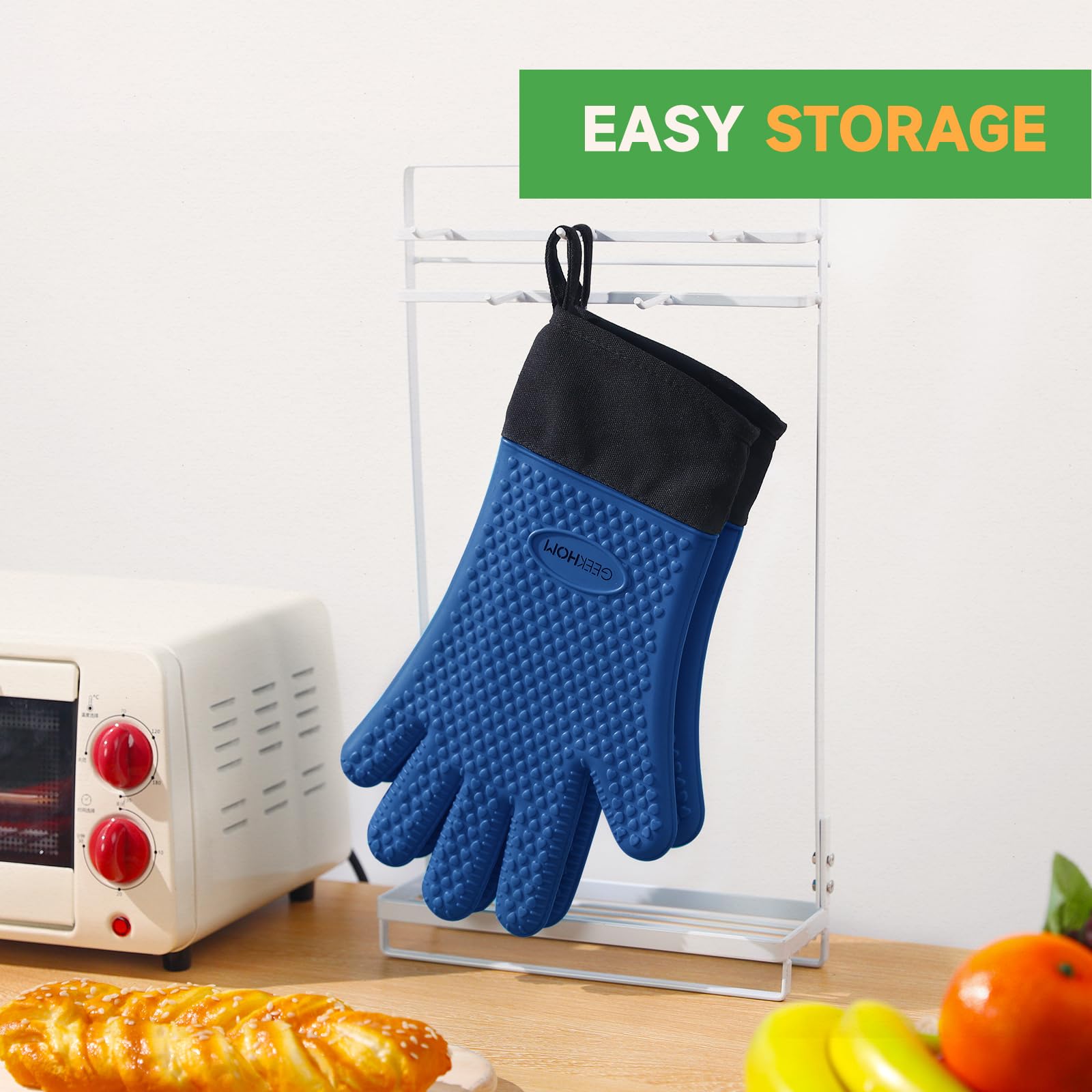 GEEKHOM Royal Blue BBQ Gloves, Heat Resistant Silicone Oven Mitts, Long Waterproof Non-Slip Pot Holder for Grilling, Cooking, Baking