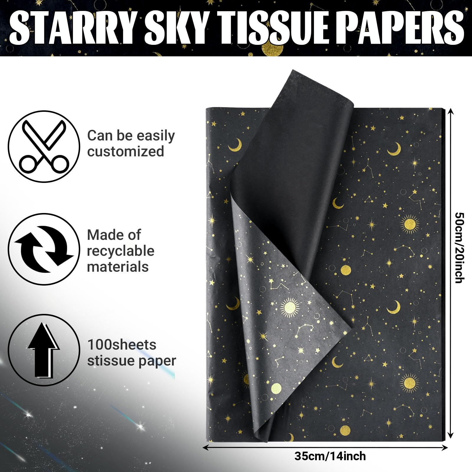 100 Sheets 20 * 14 Inches Galaxy Tissue Paper for Gift Wrapping, Black Gold Moon Star Printed Tissue Paper for Gift Bags for Birthday Christmas Baby Shower DIY Craft