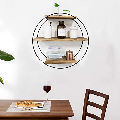 Befayoo Floating Shelves for Wall, Rustic Wood Geometric Style Decor Shelf for Bathroom Bedroom Living Room Kitchen Office (Round, Natural)