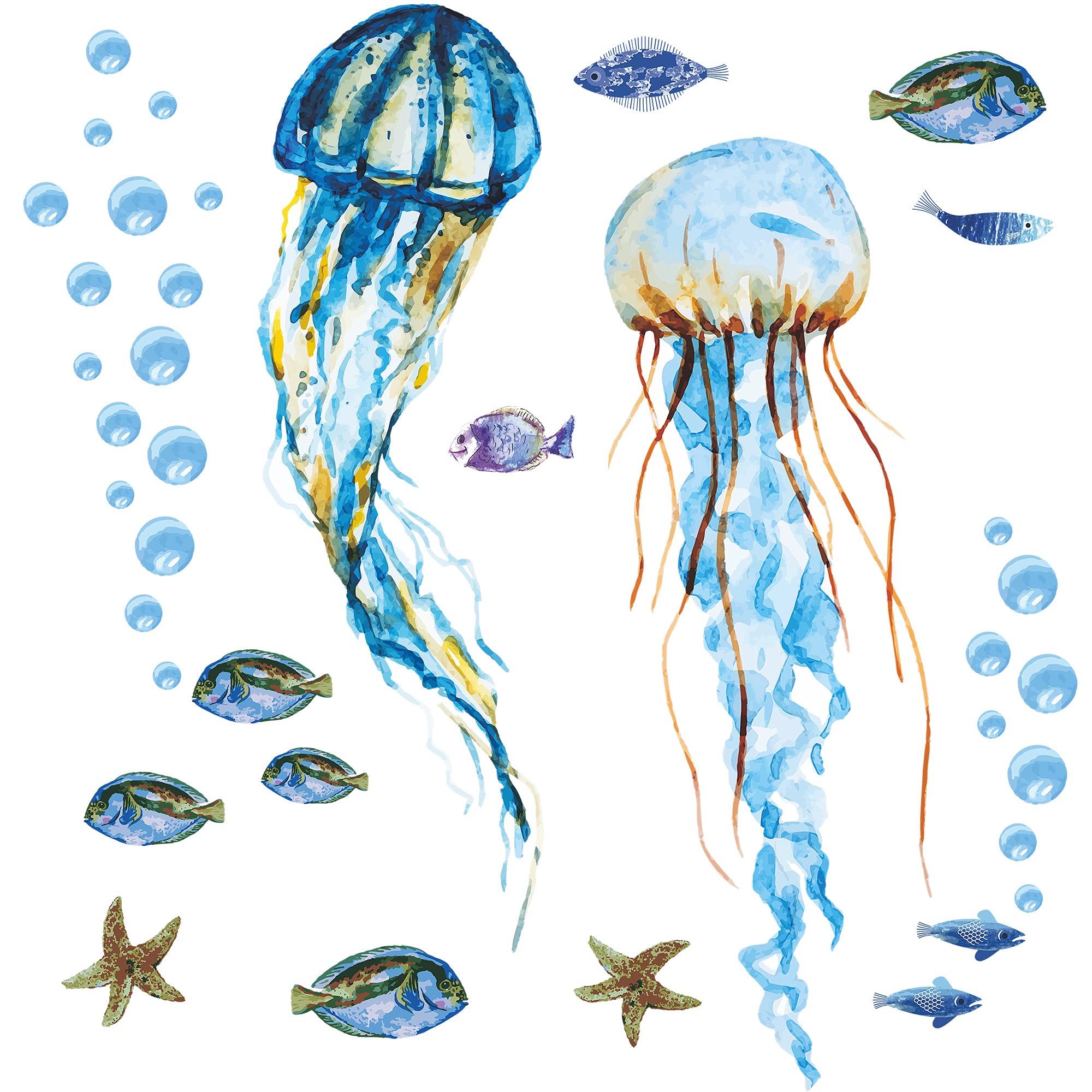 Creative Watercolor Jellyfish Wall Sticker Under The Sea Wall Decals Peel and Stick Removable Bubble Fish Starfish DIY Art Décor for Kids Girls Bedroom Living Room Bathroom Window Wall Decoration