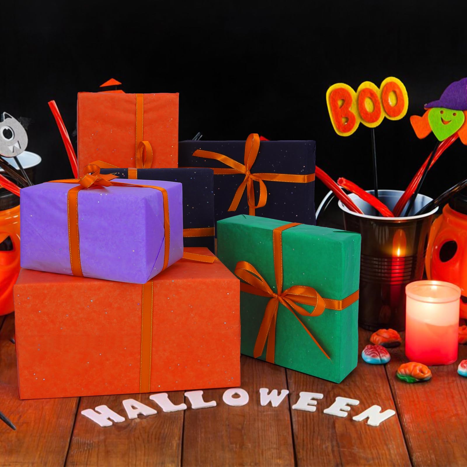 100 Sheets Halloween Sparkle Tissue Paper Bulk, Black Purple Orange Green Wrapping Paper with Glitter for Halloween DIY Crafts Halloween Party Decorations and Gift Wrapping, 14 x 20''