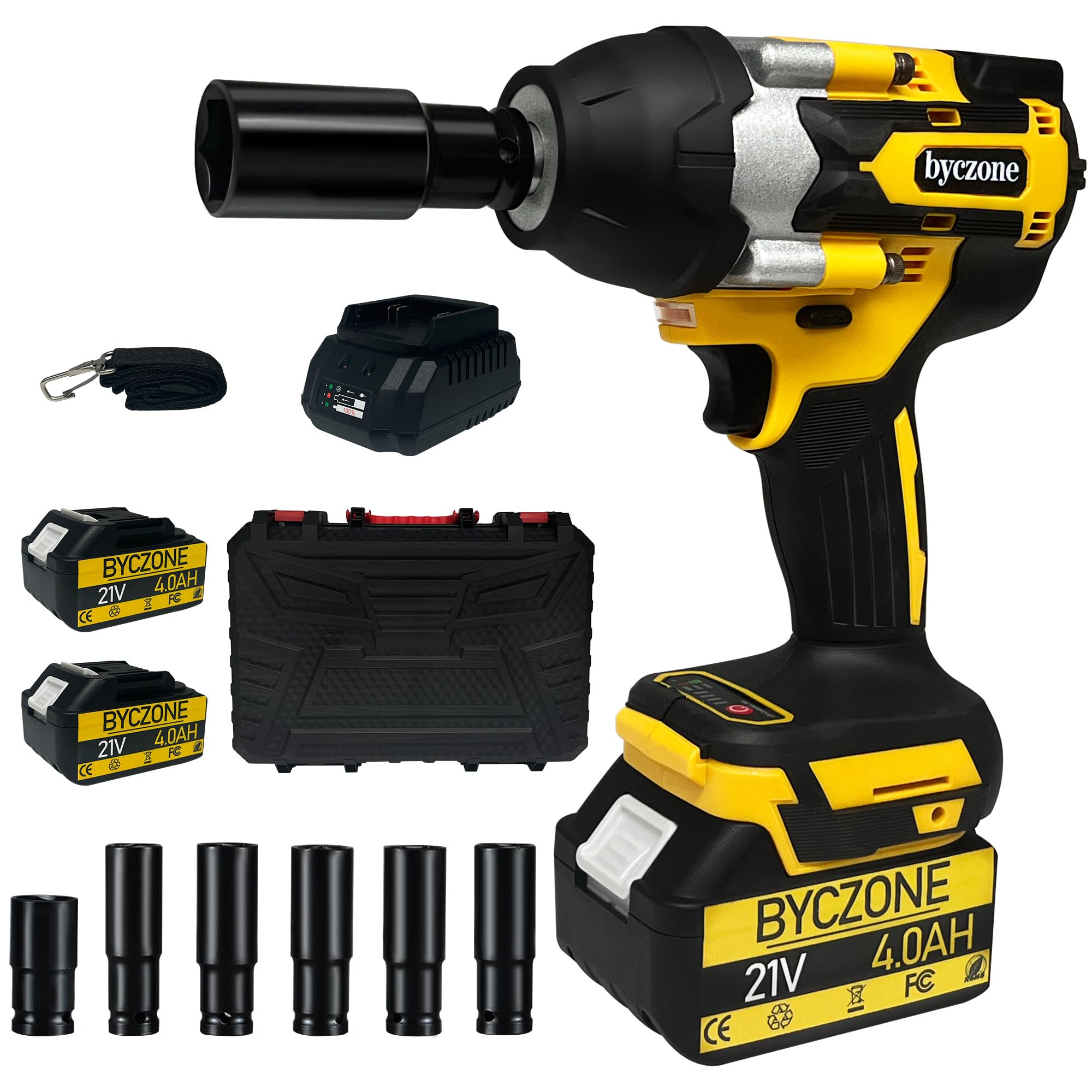 1000N.m(740Ft-lbs) Cordless Impact Wrench, 1/2 Inch High Torque Brushless 21V Electric Impact Gun w/ 2 x 4.0Ah Battery & Fast Charger & 6 Sockets, Pistola De Impacto for Home Car Tires Truck Mower