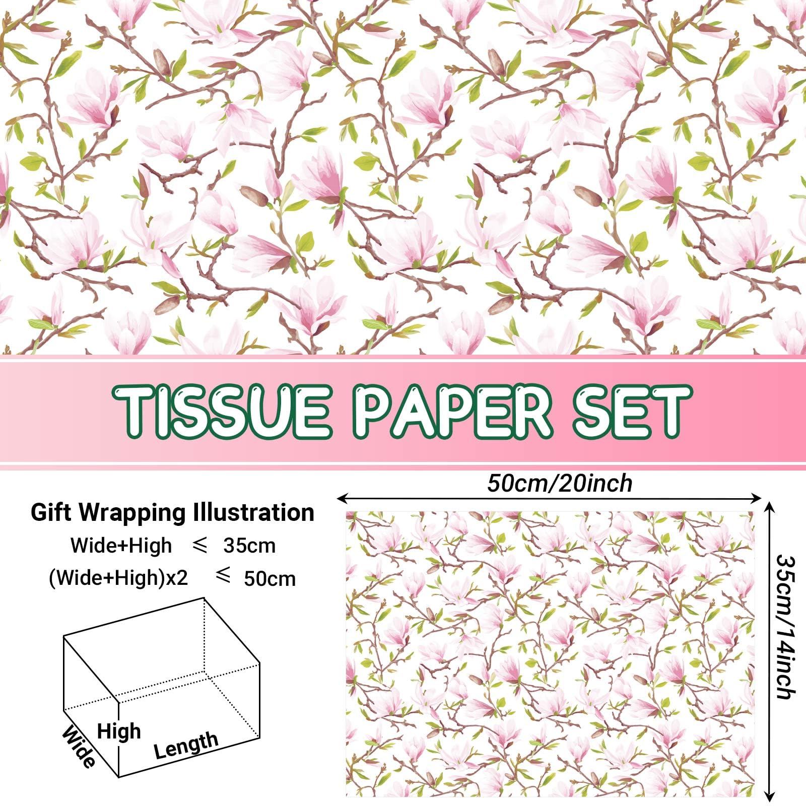 100 Sheets Pink Magnolia Flowers Printed Tissue Paper Floral Pattern and Leaves Art Decorative Tissue for Gift Wrapping Supplies