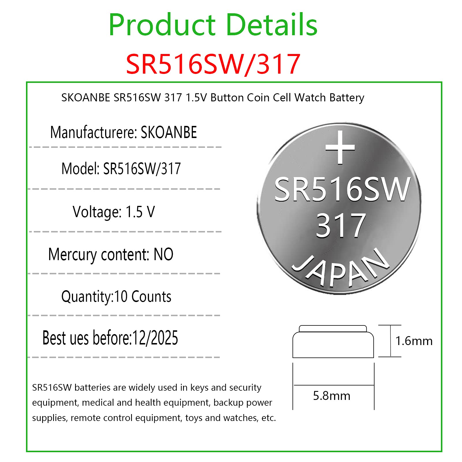 SKOANBE SR516SW 317 1.5V Button Coin Cell Silver Oxide Watch Battery(10-Packs)