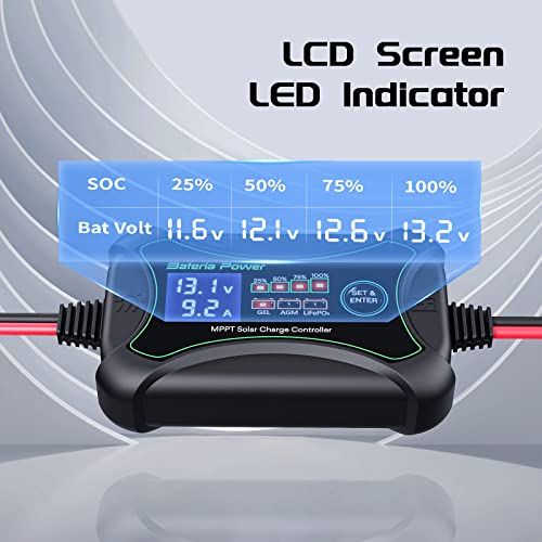 10Amp 12 Volt MPPT Solar Charge Controller, Bateria Power Intelligent Portable Solar Panel Controller, Max PV 150W 30Voc Solar Regulator for Gel AGM Lead-Acid, Lithium LiFePO4 Battery (SunRock 10)