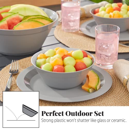 10-Piece Kitchen Plastic Dinnerware Set, Reusable Dinner Plates, Cereal Bowls, Serving Bowls, Unbreakable Plastic Outdoor Camping Dishes | Grey | Made in USA