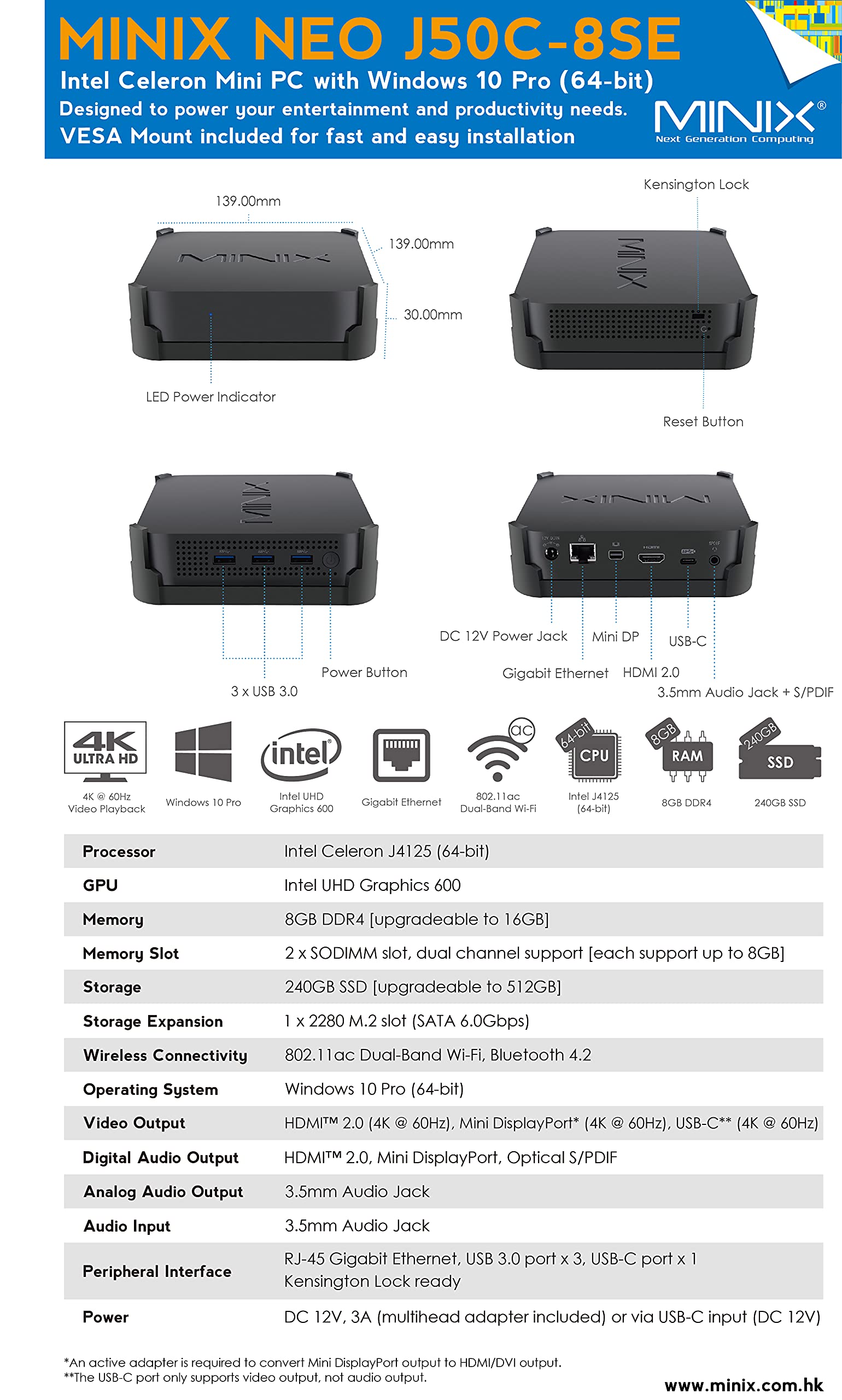 MINIX NEO J50C-8SE, 8GB/240GB Intel Pentium Silver Mini PC with Windows 11 Pro (64-bit) [Dual-Band Wi-Fi/Gigabit Ethernet/4K @ 60Hz/Triple Display/USB-C/Auto Power On/Vesa Mount]