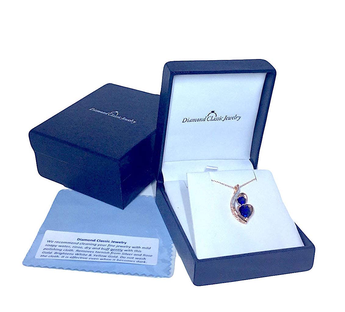 10kt Rose Gold Lab Created Blue Sapphire Heart Necklace Diamond Accent - 18 Inch Chain