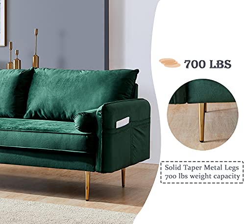 SLEERWAY Velvet Couch with 2 Small Pillows, Modern Loveseat Sofa Twin Size Contemporary Sofas for Living Room and Bedroom (Green)